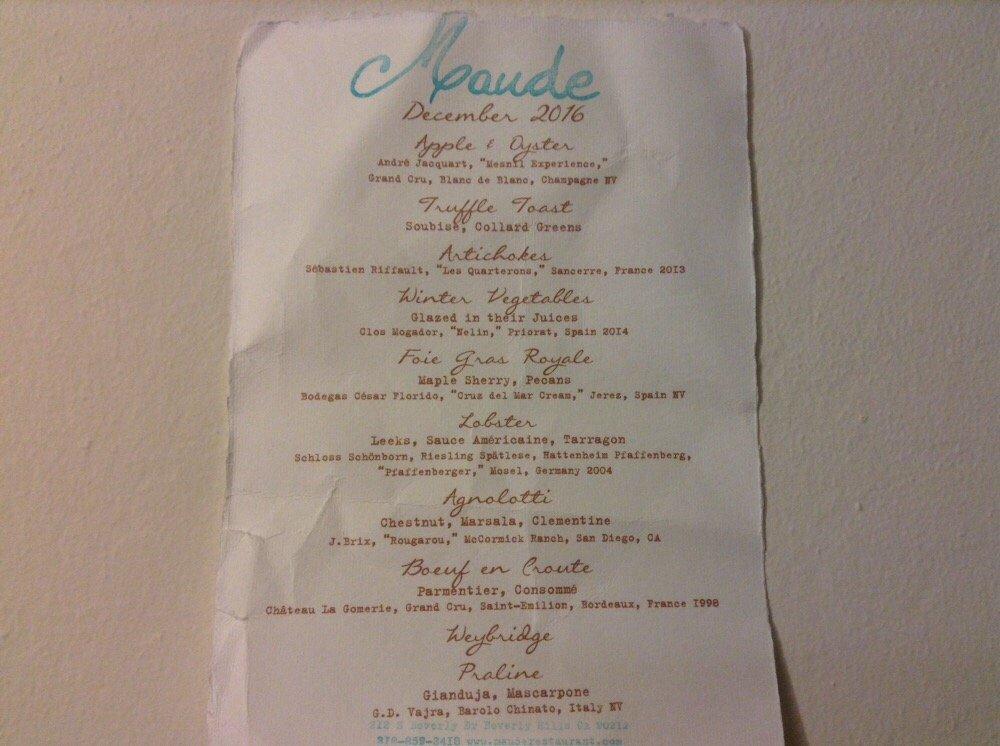Menu at Maude restaurant, Beverly Hills