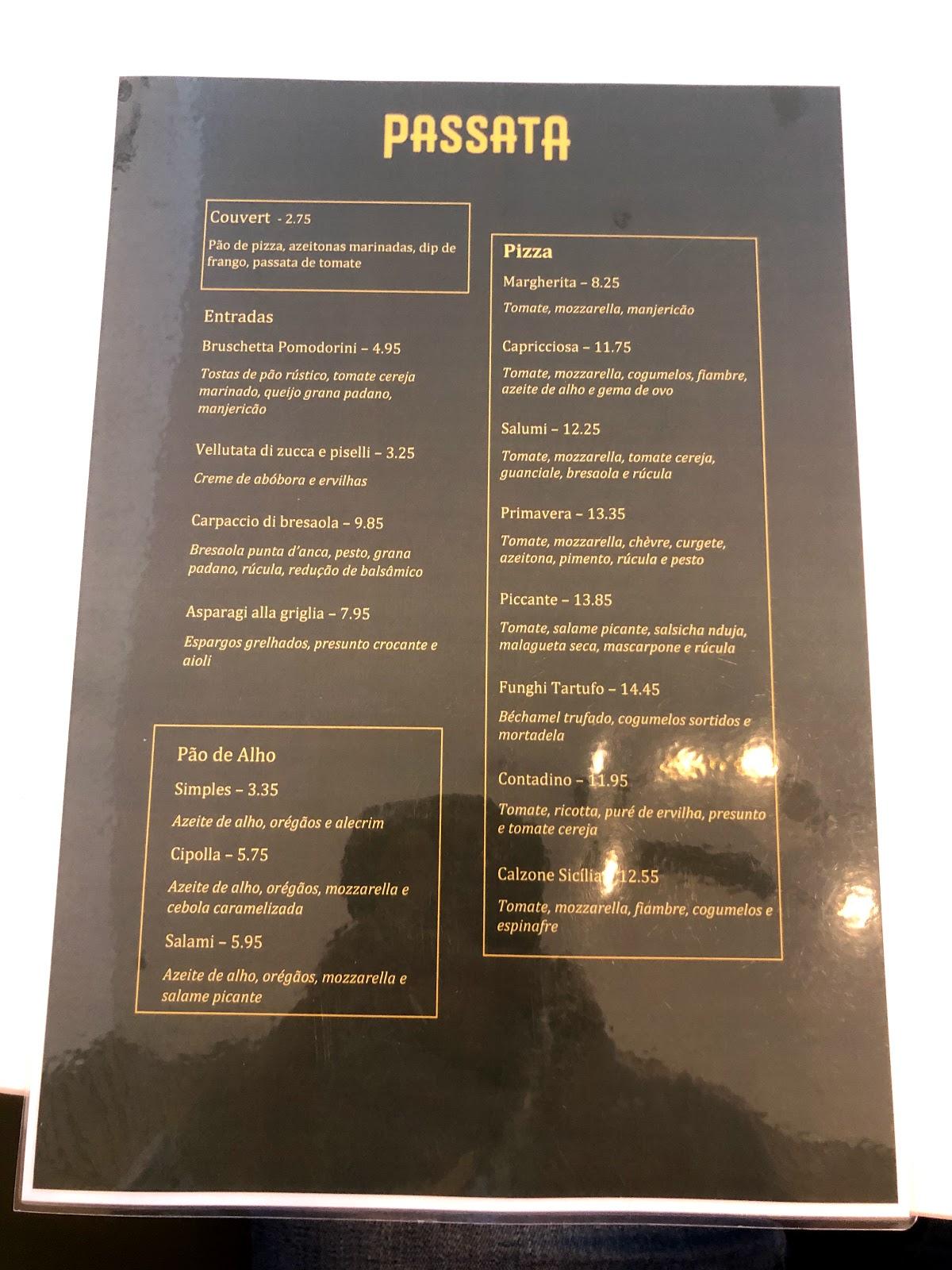 Menu em Passata restaurante, Maia
