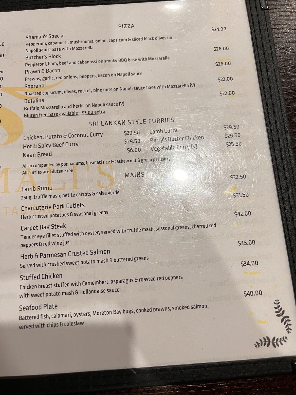 Menu at Shamali’s Cafe & Restaurant, Emerald