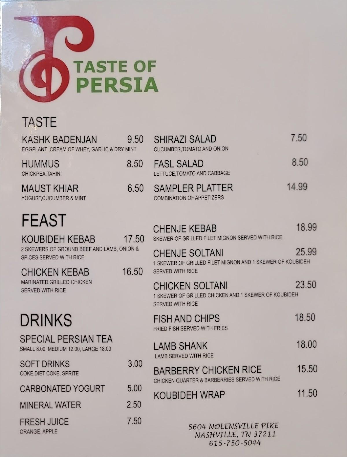 Menu at Taste of Persia restaurant, Nashville