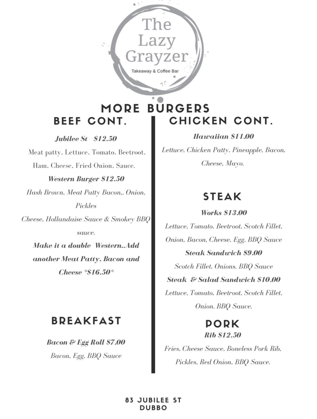 Menu at The Lazy Grayzer restaurant, Dubbo