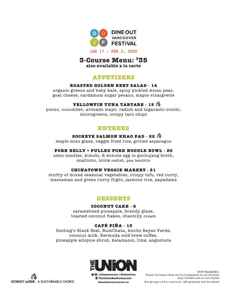 Menu at The Union pub & bar, Vancouver, 219 Union St