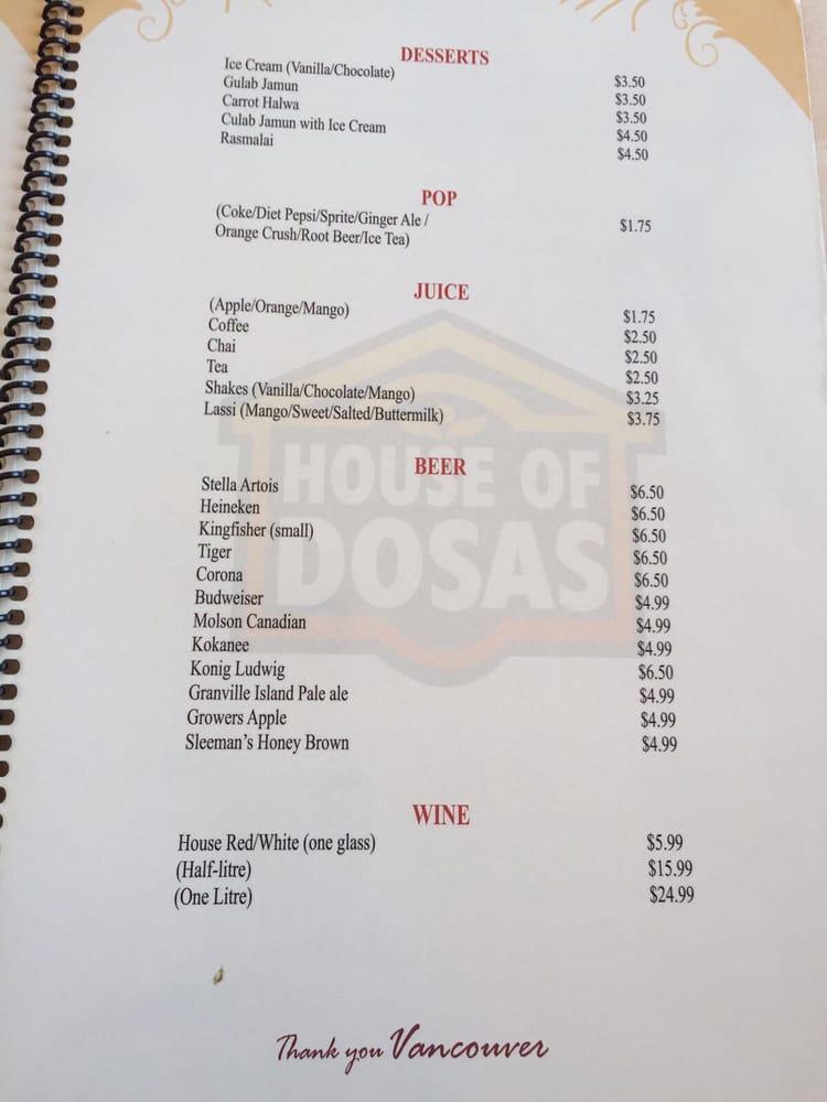 Menu at House Of Dosas restaurant, Vancouver