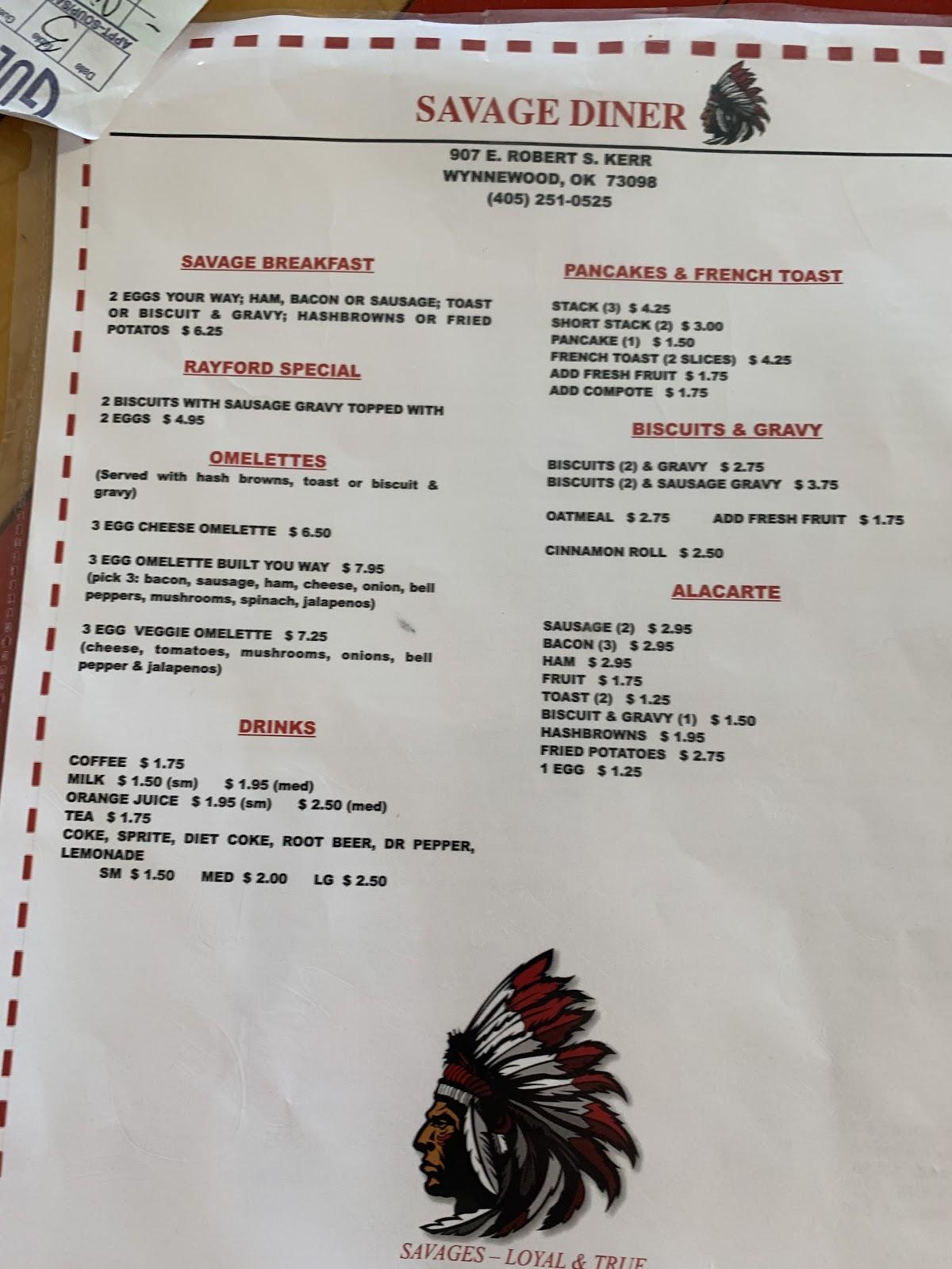 Menu at Savage diner restaurant, Wynnewood