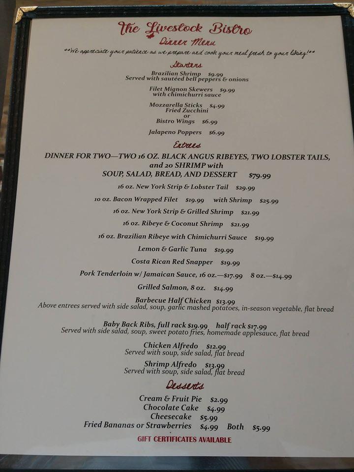 Menu at The Livestock Bistro restaurant, USA, US-6
