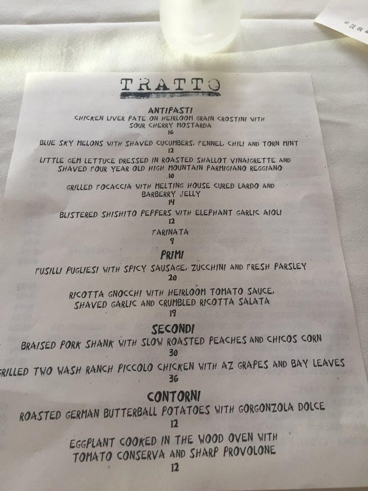 Menu at Tratto pub & bar, Phoenix, E Van Buren St