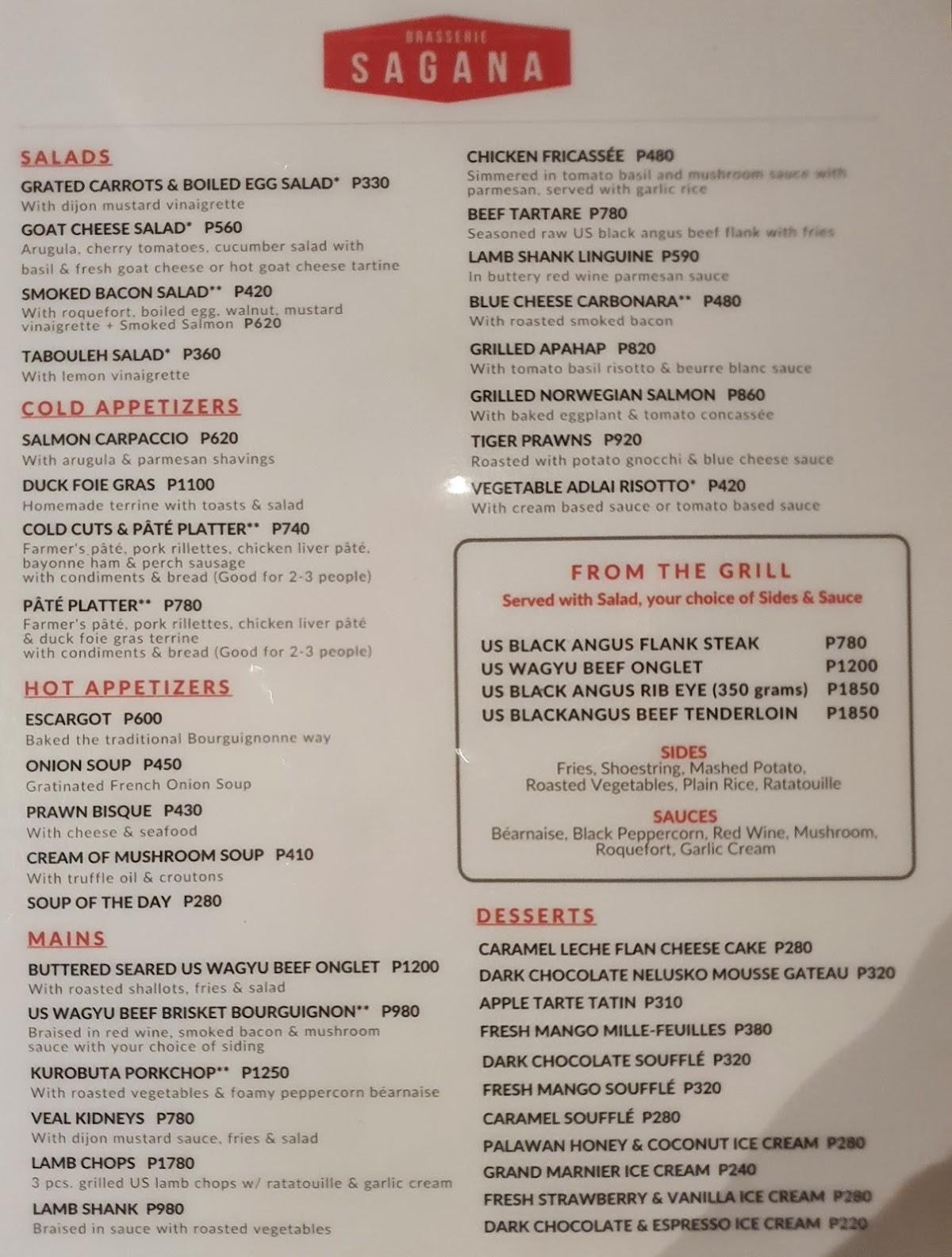 Menu at Brasserie Sagana restaurant, Taguig