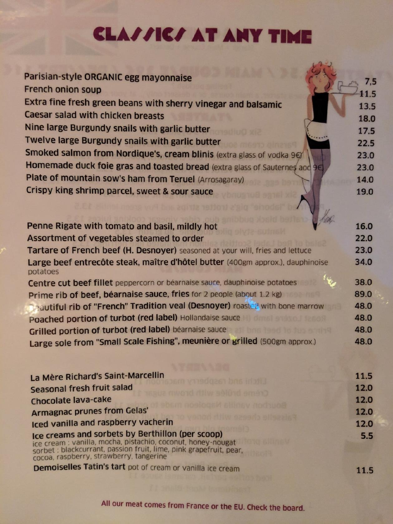Menu au La Rotonde restaurant, Paris, 105 Boulevard du Montparnasse