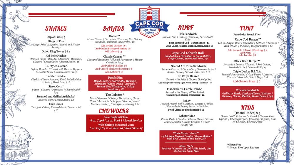 Menu at OLD SLO at The Cape (formerly Cape Cod) restaurant, Pismo Beach