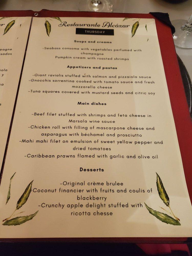Menu at El Alcazar restaurant, Puerto Morelos