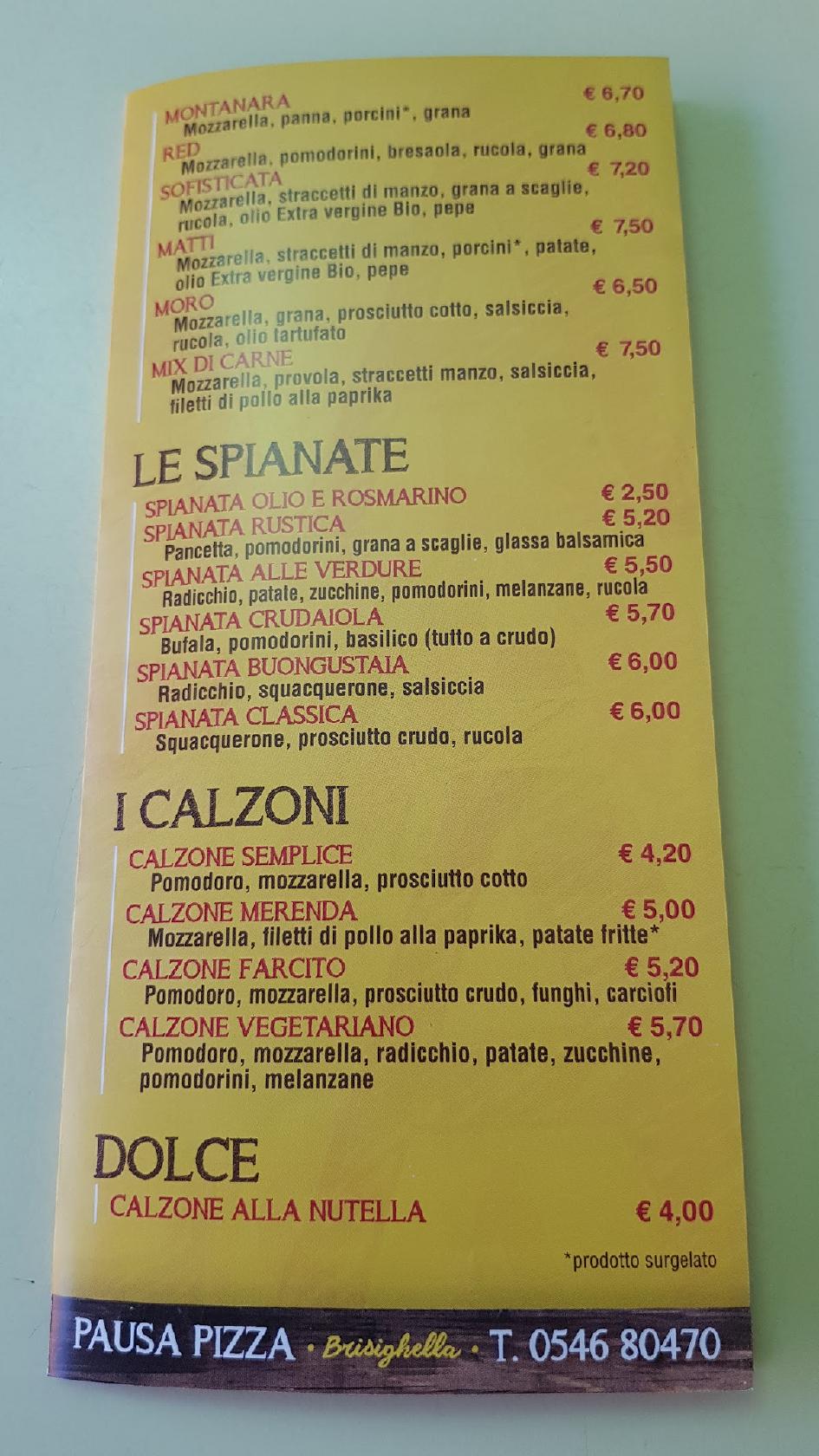 Carta de pizzería Pausa Pizza, Brisighella