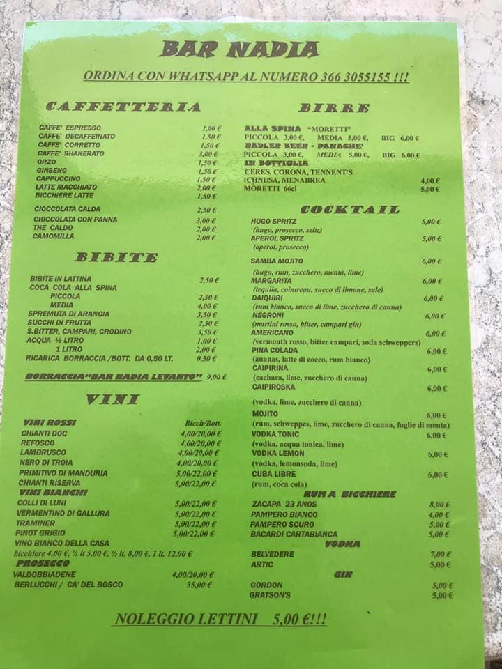 Menu da Bar Nadia, Levanto