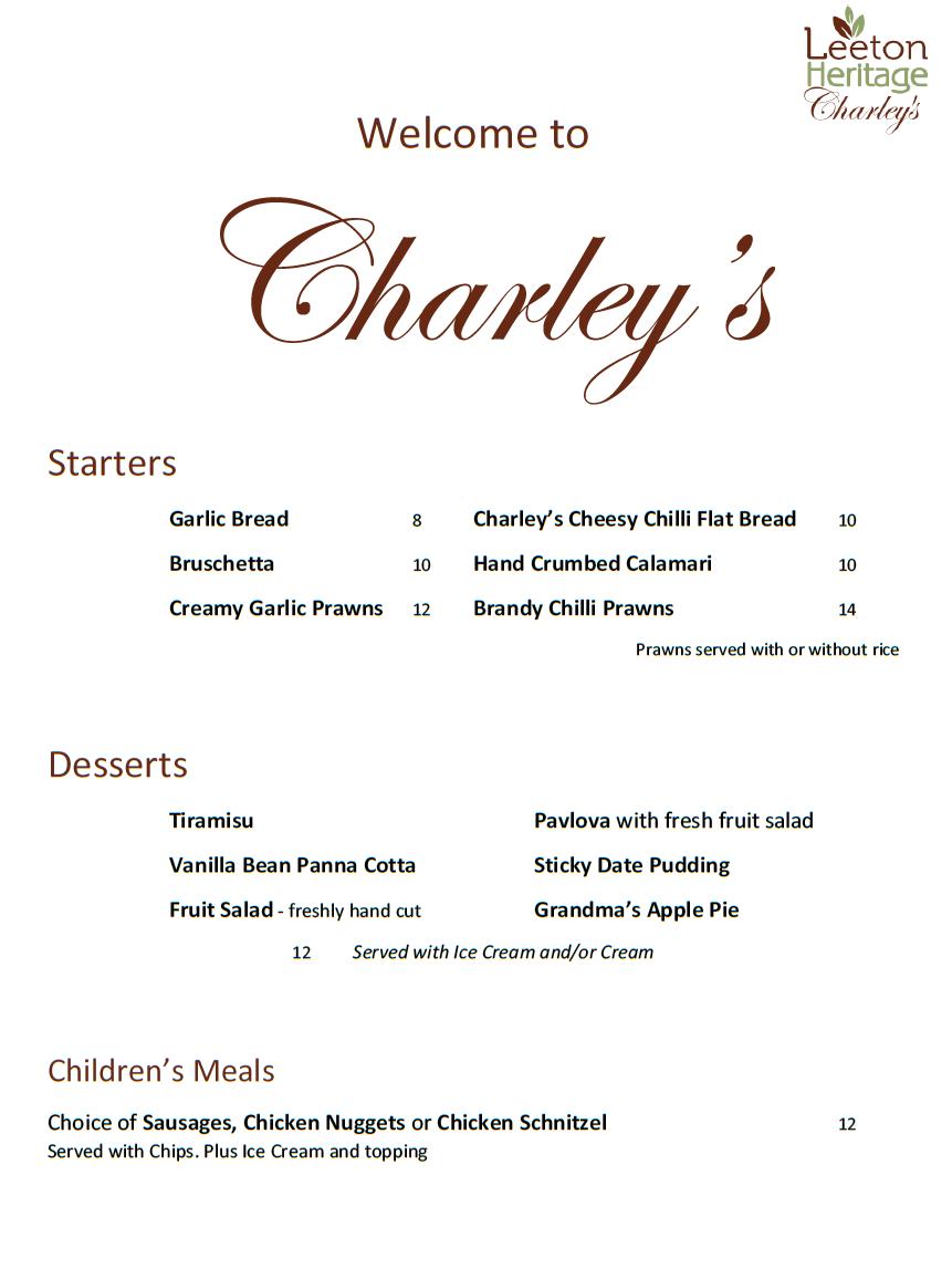 Menu at Charley's Restaurant, Leeton