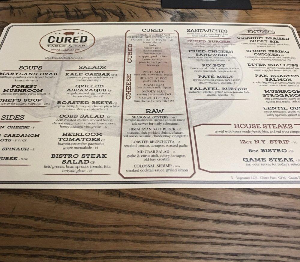 Menu at Cured Table & Tap pub & bar, Columbia