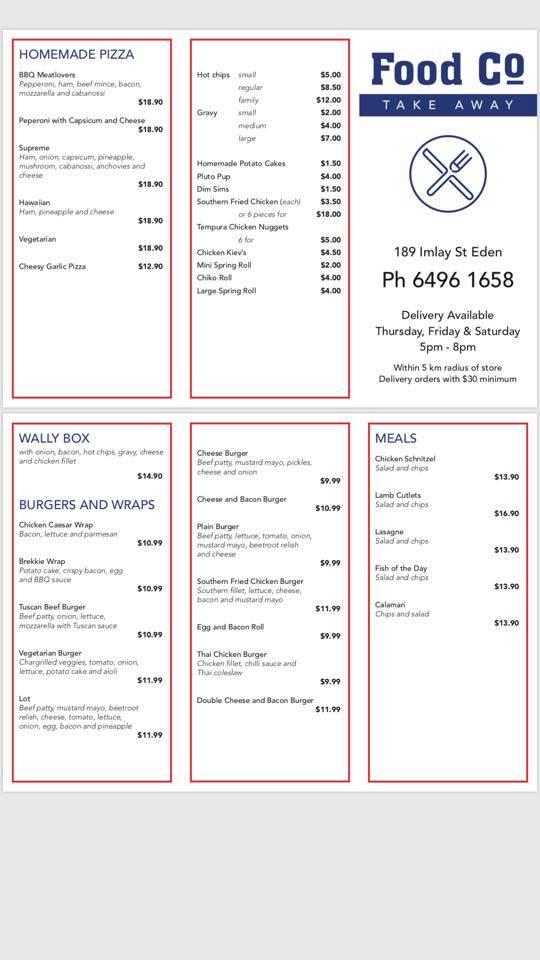 Menu at Food Co cafe, Eden