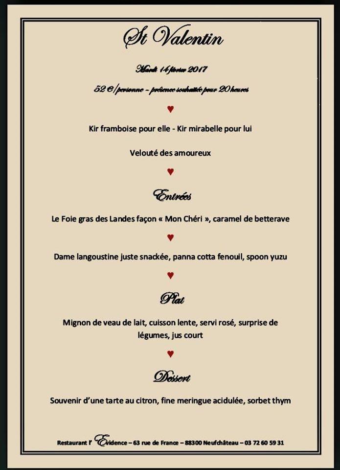Menu au Restaurant L'Evidence, Neufchâteau
