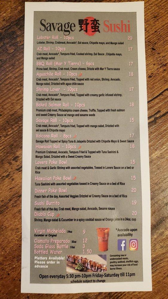 Menu at Savage Sushi restaurant, Maricopa