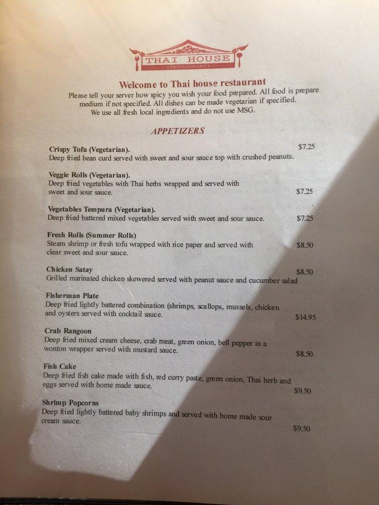 Menu at Thai House restaurant, Cameron Park