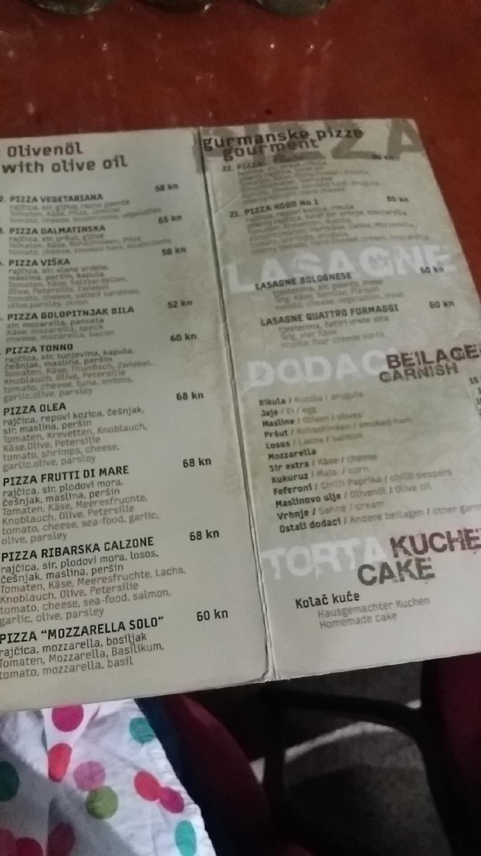 Menu at bistro Olea restaurant, Tučepi