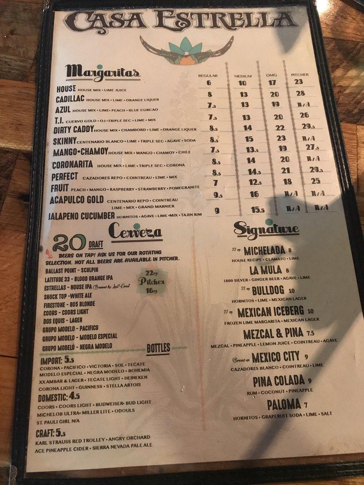 Carta del restaurante Casa Estrella, Fallbrook