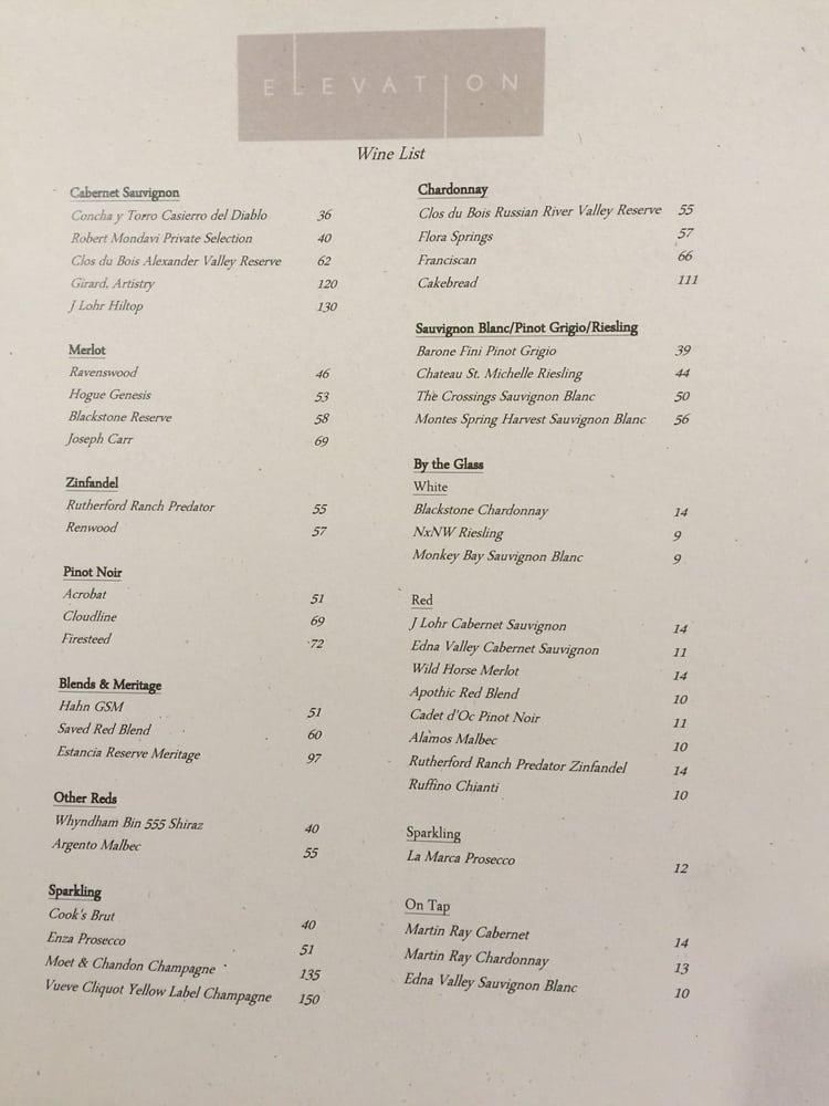Menu at Elevation Restaurant, Pittsburgh