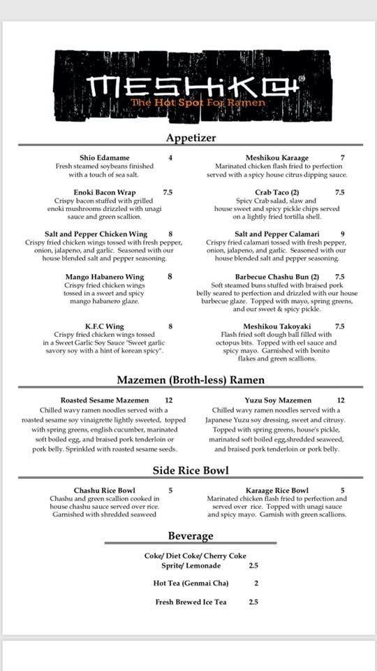 Menu at Meshikou Ramen restaurant, Columbus