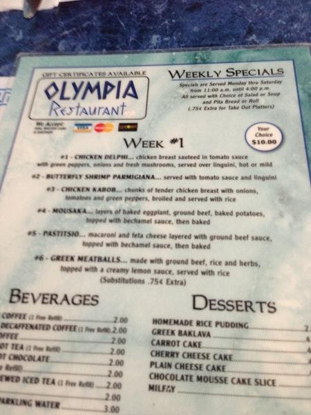 Menu at Olympia Restaurant, Vineland