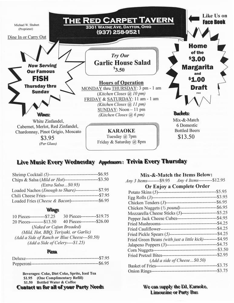 Menu at Red Carpet Tavern pub & bar, Dayton