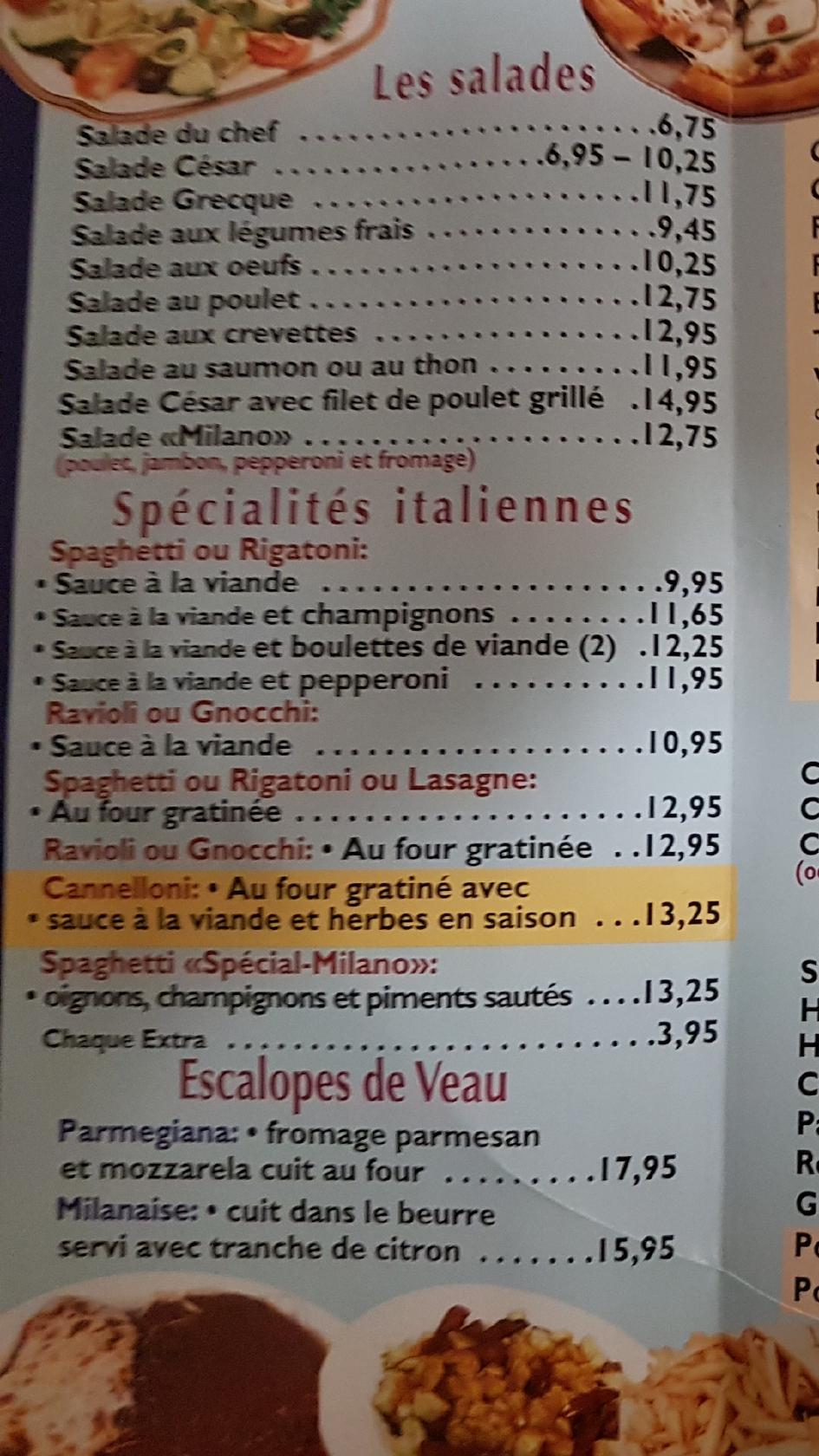 Menu au Milano Pizzeria, Saint-Jérôme