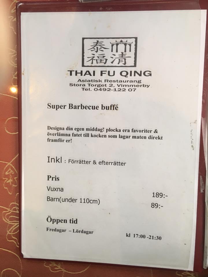 Menu at Thai Fu Quing restaurant, Vimmerby