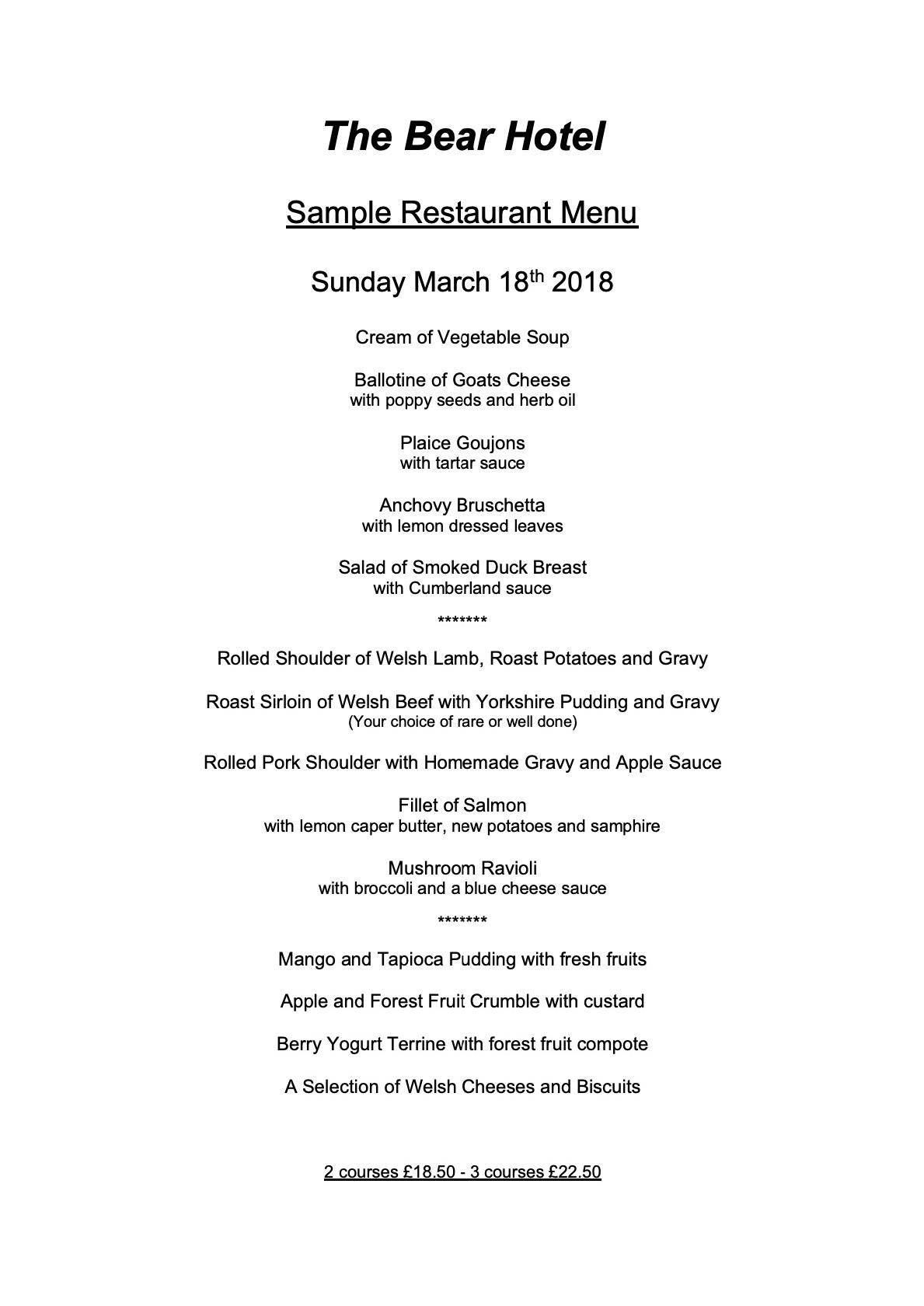 Menu at The Bear Hotel, Crickhowell pub & bar, Crickhowell