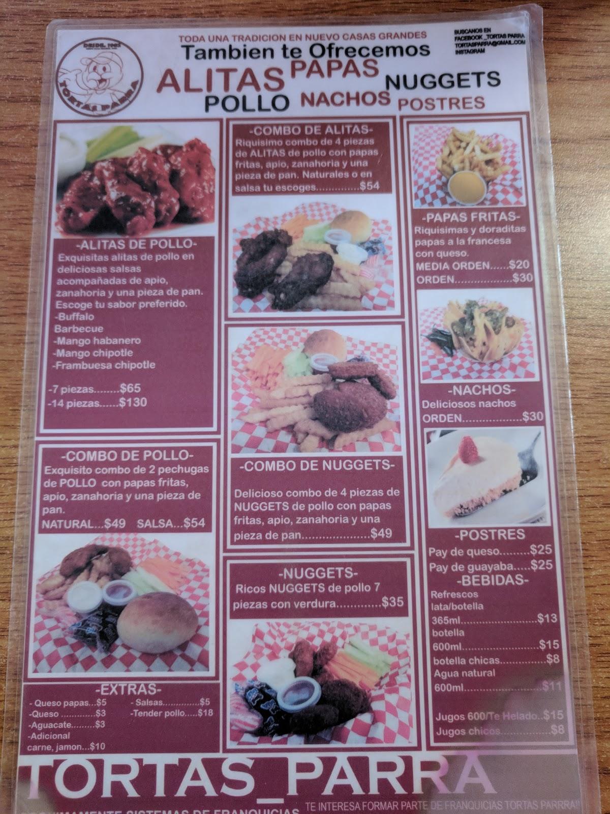 Carta de comida rápida Tortas Parra, Nuevo Casas Grandes