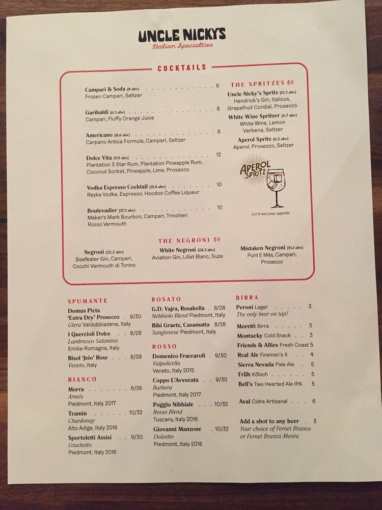 Menu at Uncle Nicky's Italian Specialties cafe, Austin, Duval St
