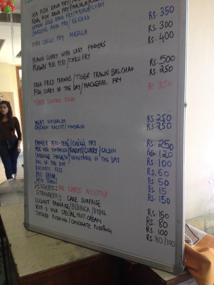 Menu at Goa Niwas, New Delhi