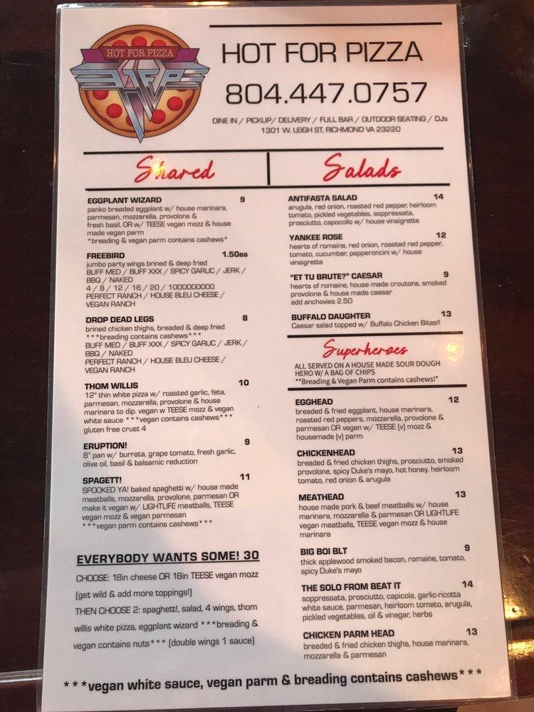 Menu at Hot For Pizza pizzeria, Richmond