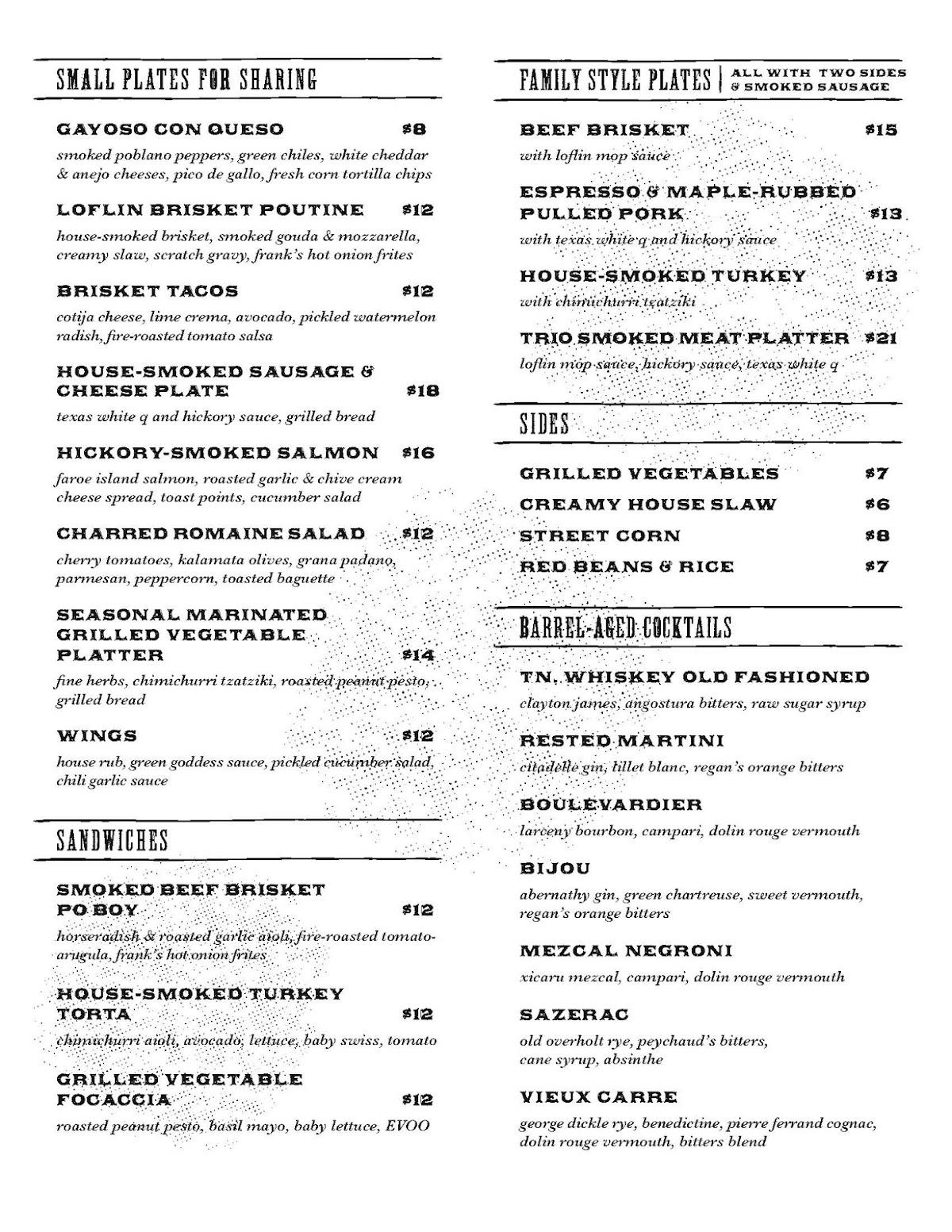 Menu at Loflin Yard pub & bar, Memphis