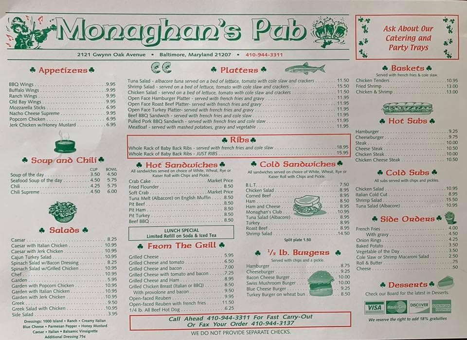 Menu at Monaghan's Pub, Baltimore