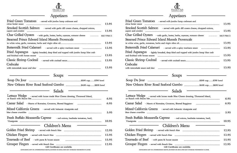 Menu at Ocean Club Restaurant, Miramar Beach, US-98 W 107
