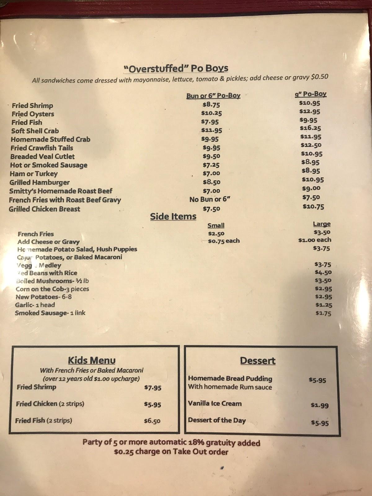 Menu at Smitty's Seafood restaurant, Kenner, W Esplanade Ave
