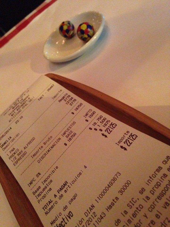 Carta del restaurante Il Castello, Medellín