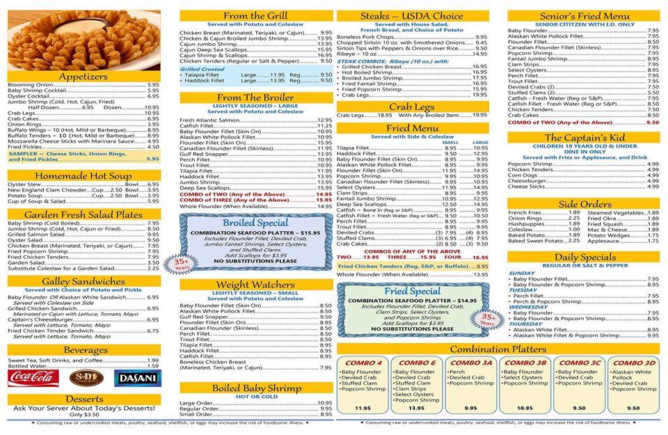 Menu at Captain's Galley restaurant, Stony Point