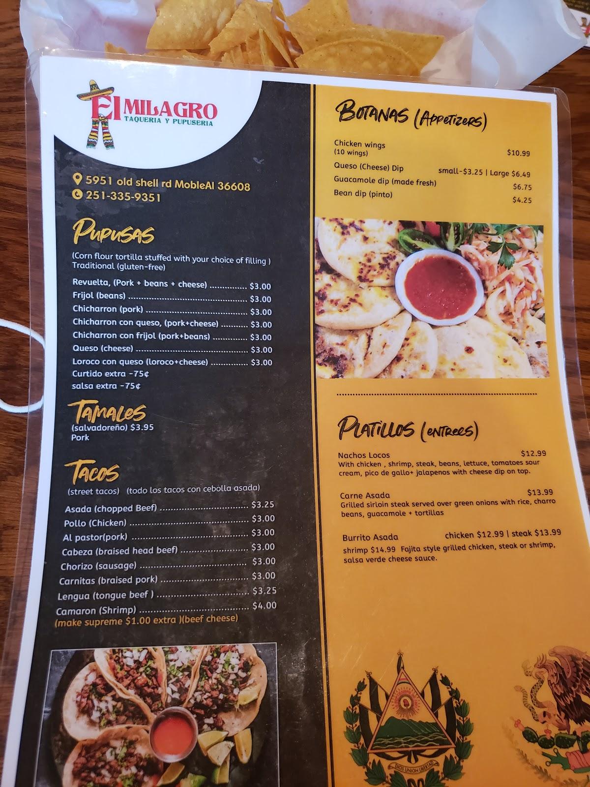 Menu at El Milagro restaurant, Mobile