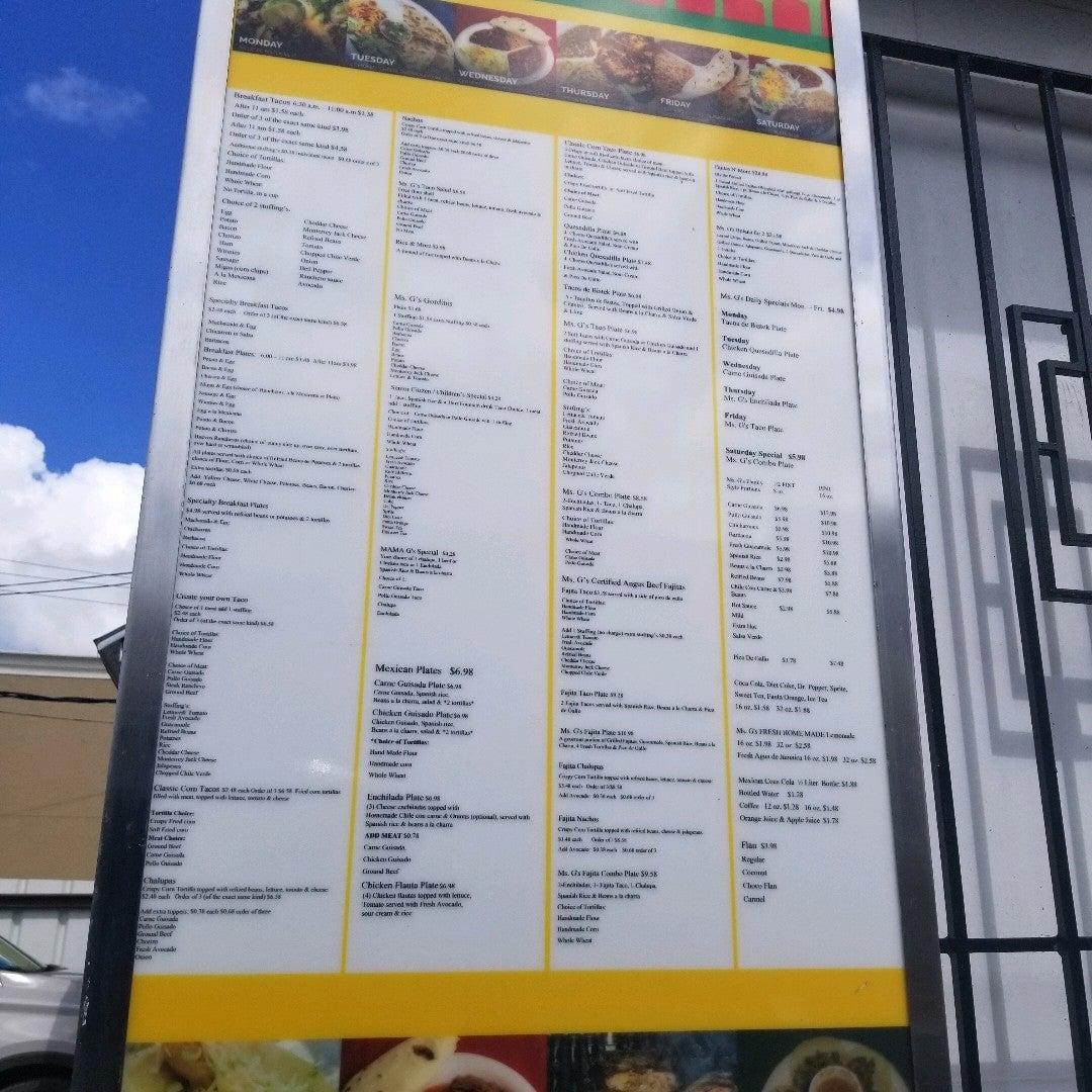 Menu at Ms G's Tacos N' More restaurant, McAllen