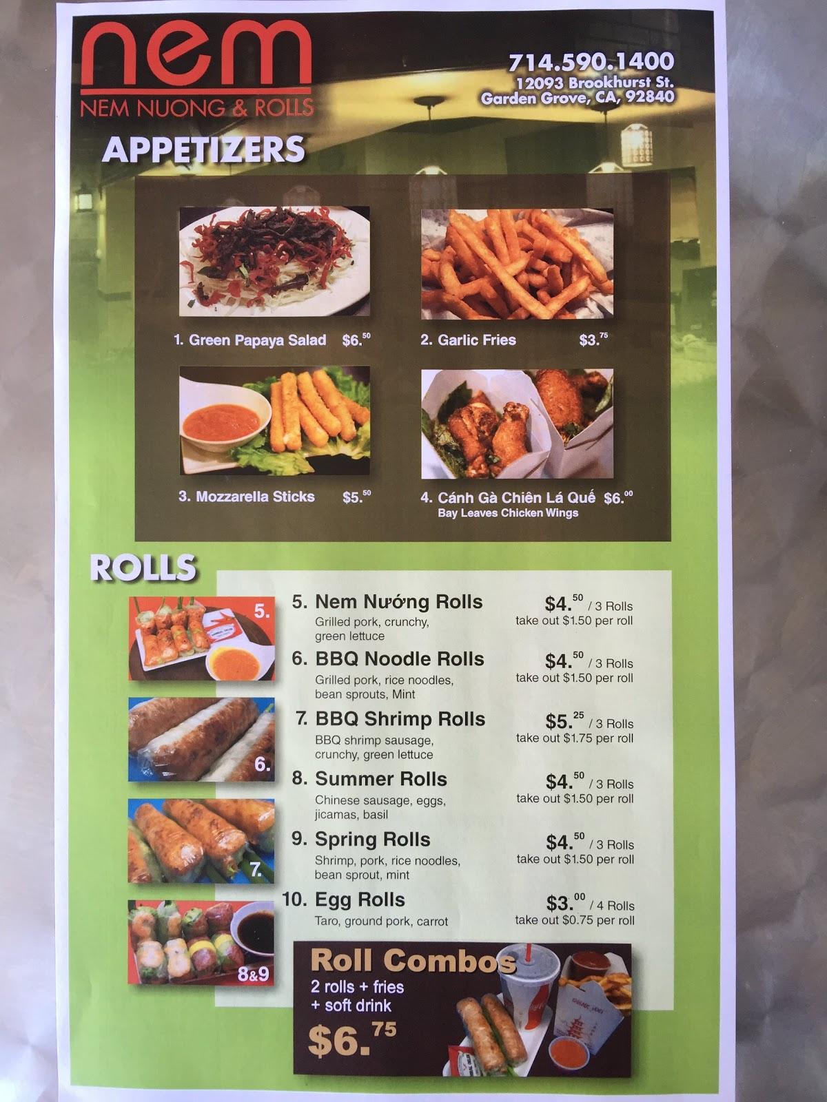 Menu at NEM restaurant, Garden Grove, Westminster Blvd.