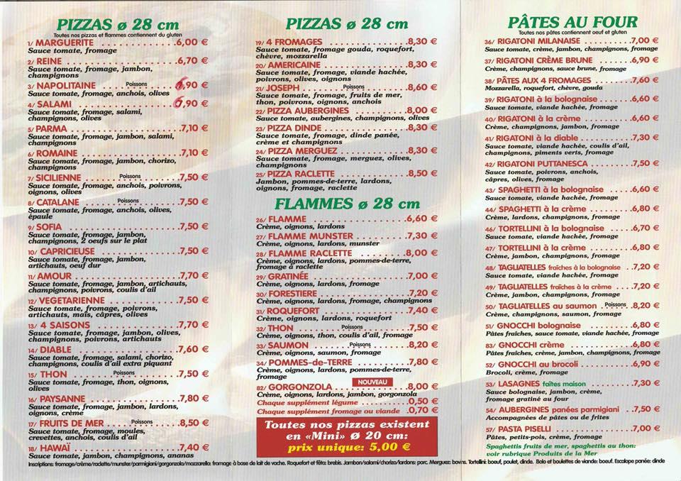 Menu au Pizza Joseph pizzeria, Forbach