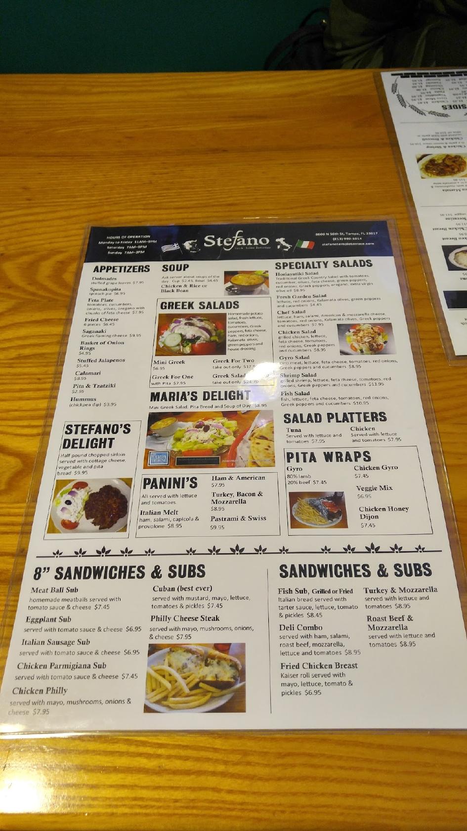 Menu at Stefano Greek Italian Restaurant, Temple Terrace, N 56th St