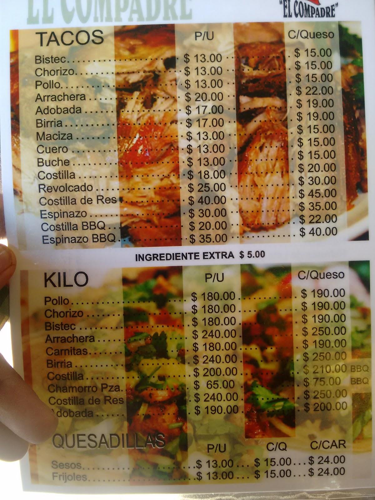 Carta del restaurante Tacos el compadre las Torres, Toluca del Lerdo