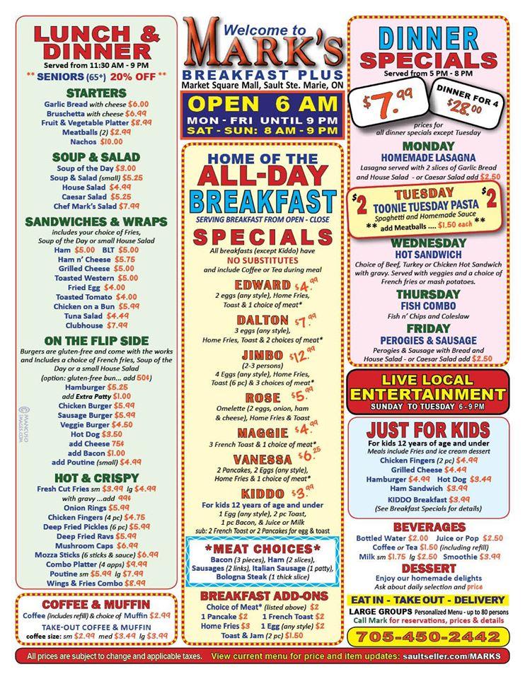 Menu at The Menu at Sault Seller restaurant, Sault Ste. Marie