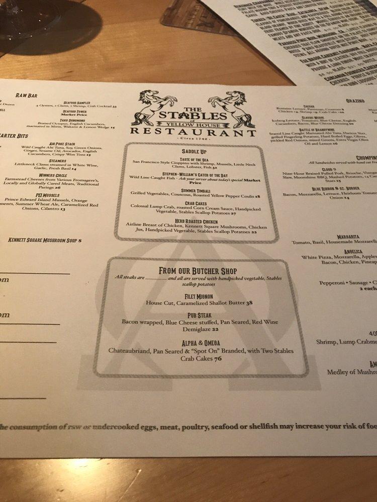 Menu at The Stables of Yellow House restaurant, Glen Mills
