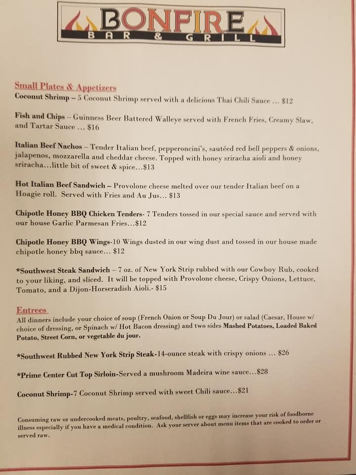 Menu at Bonfire at The Continental Fire Co. steakhouse, Houghton